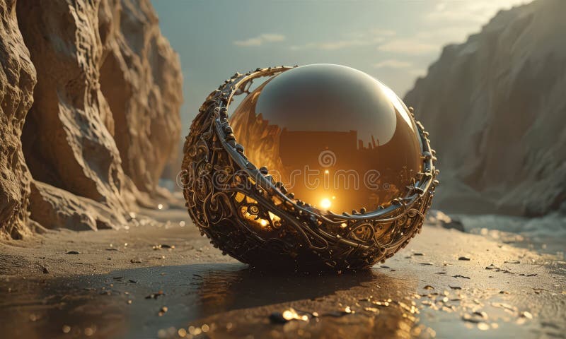 Golden Sphere with Reflective Surface Sits on Rocky Cliff, with ...