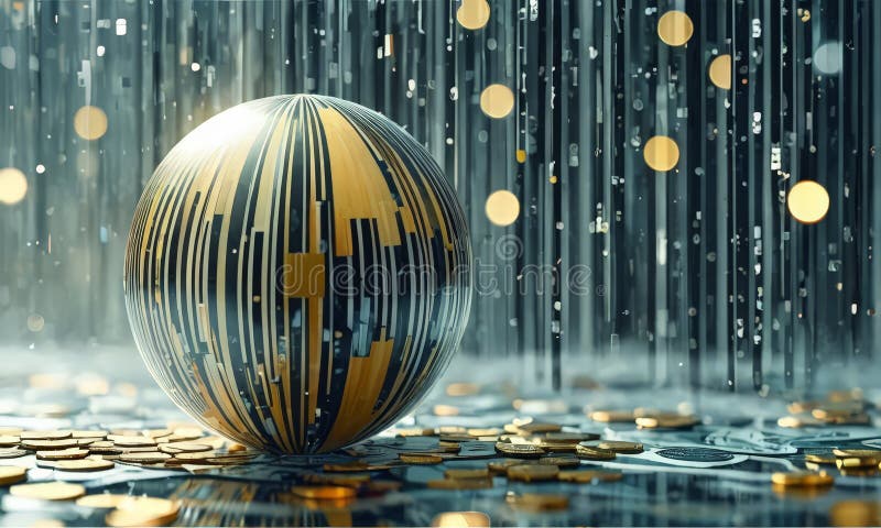 Golden Sphere with Striped Pattern Rests on Reflective Surface ...