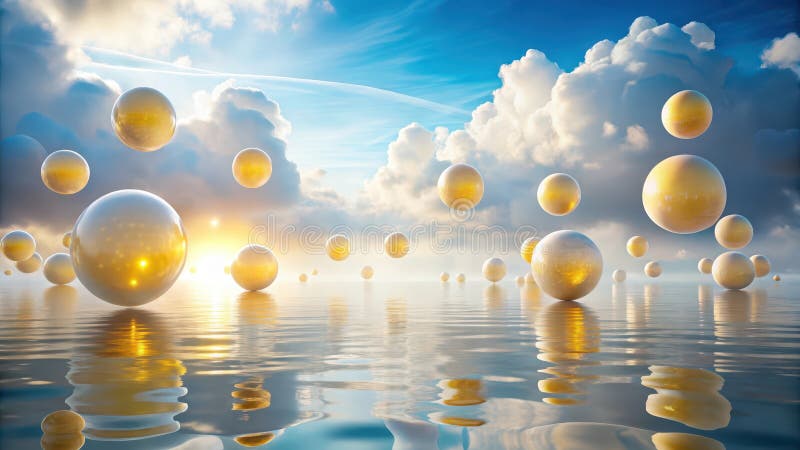 Golden Spheres Float Serenely Above a Calm, Reflective Water Surface ...