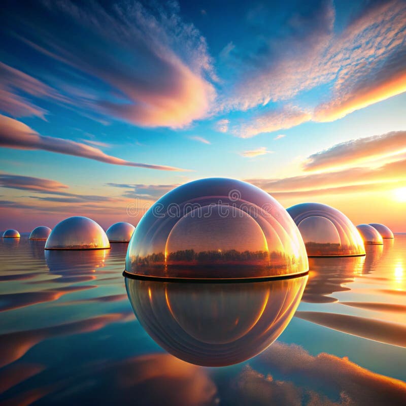 Golden Spheres Float on a Tranquil Sea at Sunset Stock Image - Image of ...