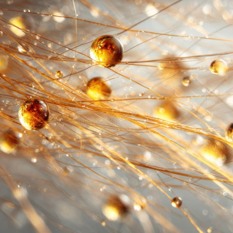 Golden Spheres and Strands Suspended in Liquid Create an Abstract ...