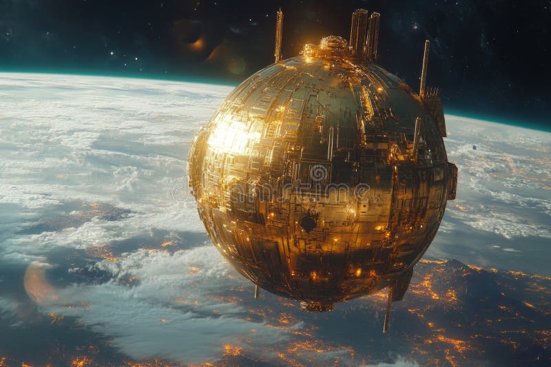 Golden Spherical Space Station Orbiting Earth, Showcasing City Lights ...