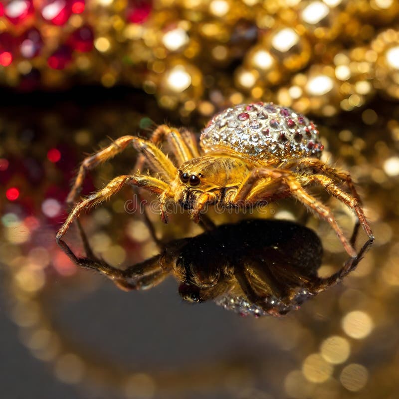 Golden Spider Crawling on Mirror Surface Background. AI Generated Stock ...