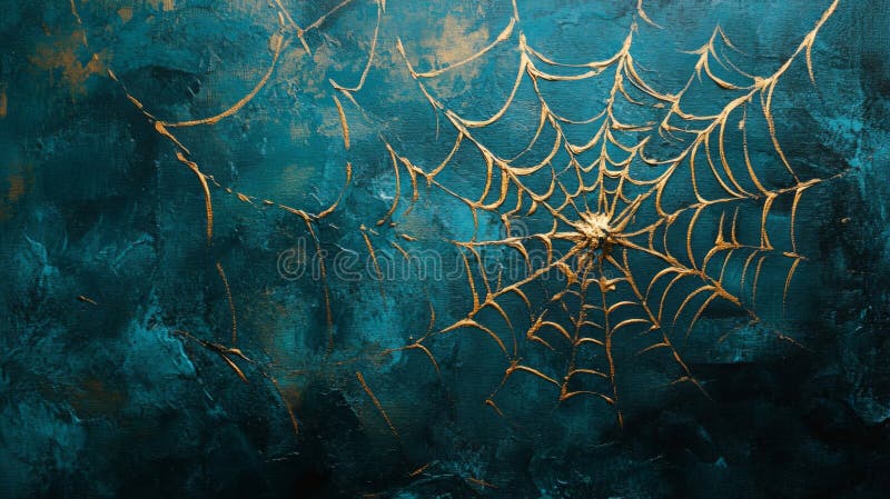 Golden Spider Web on Teal Canvas Background Stock Illustration ...