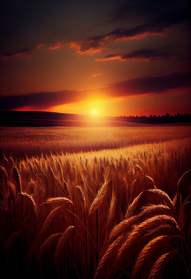 Golden Spikelet of Wheat Grows in a Field at Sunset. AI Generated Stock ...