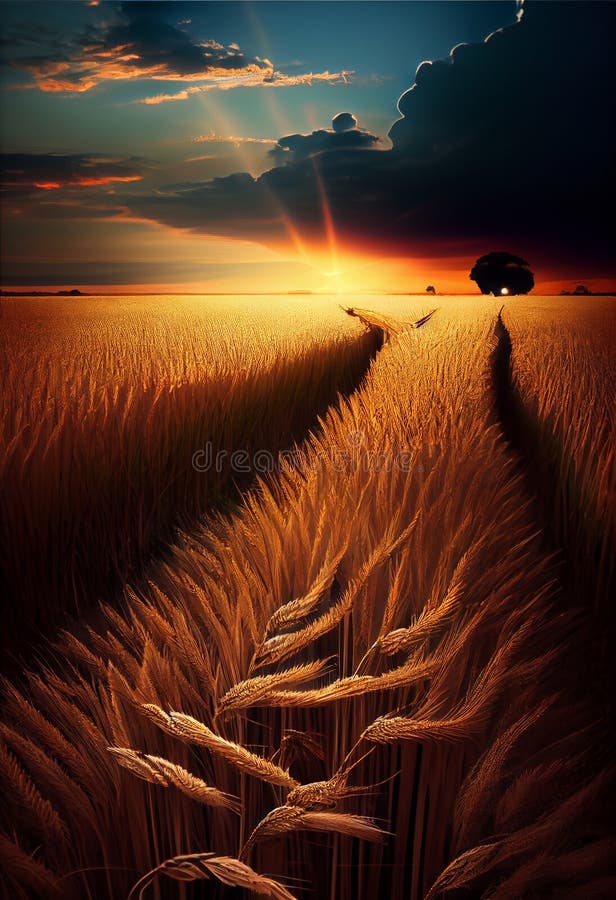 Golden Spikelet of Wheat Grows in a Field at Sunset. AI Generated Stock ...