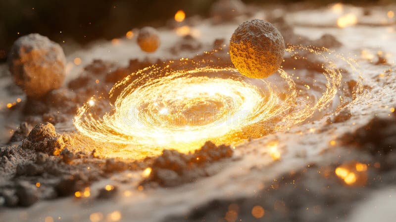 Golden Spiral Galaxy with Planets and Dust Stock Illustration ...