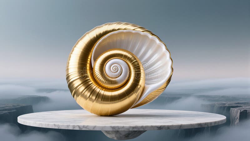 Golden Spiral Shell on a Marble Surface Above Enchanting Clouds Stock ...