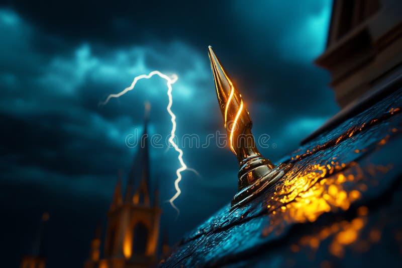 A Golden Spire on a Rooftop is Struck by Lightning during a Stormy ...