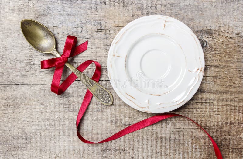 Golden Spoon Decorated Red Bow Wooden Table Stock Photos - Free ...