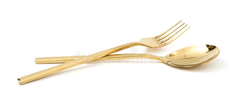 Golden Spoon and Fork Isolated on a White Stock Image - Image of ...