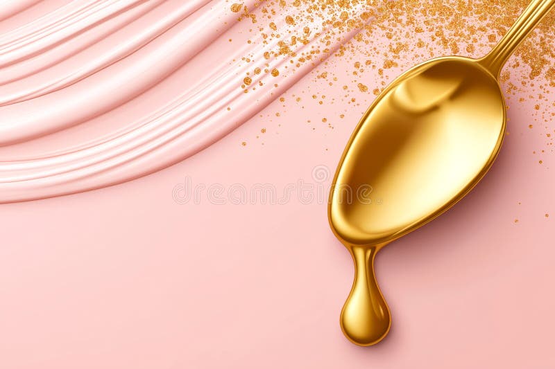 Golden Spoon with Liquid Cosmetics and Sparkling Elements on Soft Pink ...