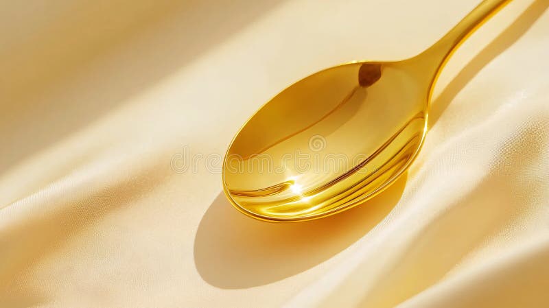 Golden Spoon Resting on Soft Fabric, Reflecting Light in a Serene ...