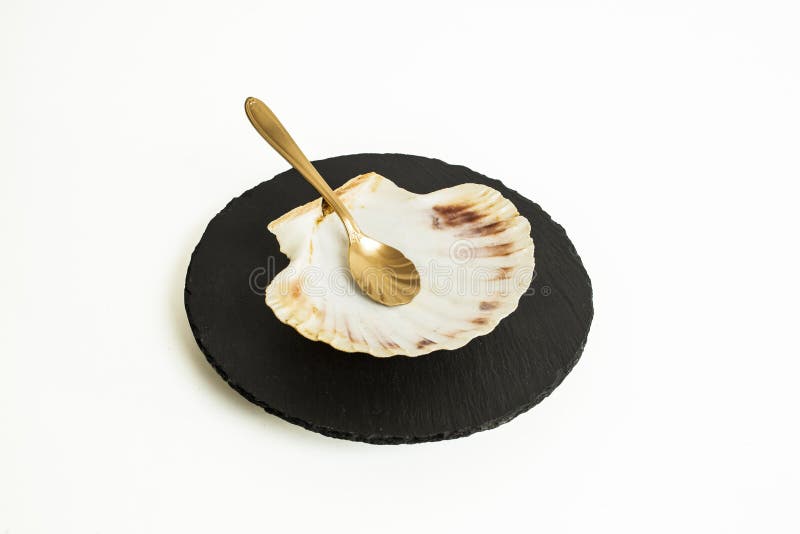 Golden Spoon, Sea Shell and a Black Stone Tile Isolated Stock Image ...