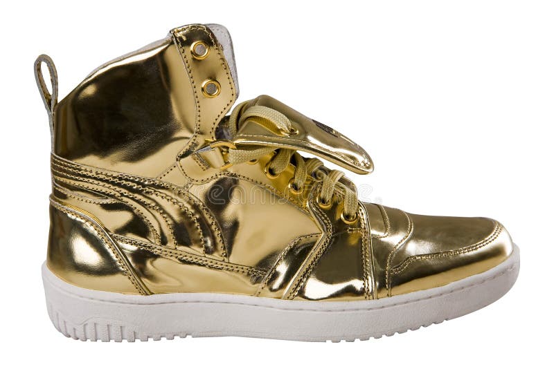Golden Sport Shoes Isolated on White Stock Image - Image of jogging ...