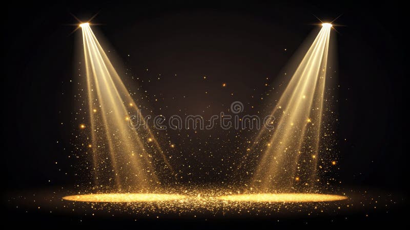 Golden Spotlight Stage with Glitter, Two Lights, Dark Background ...