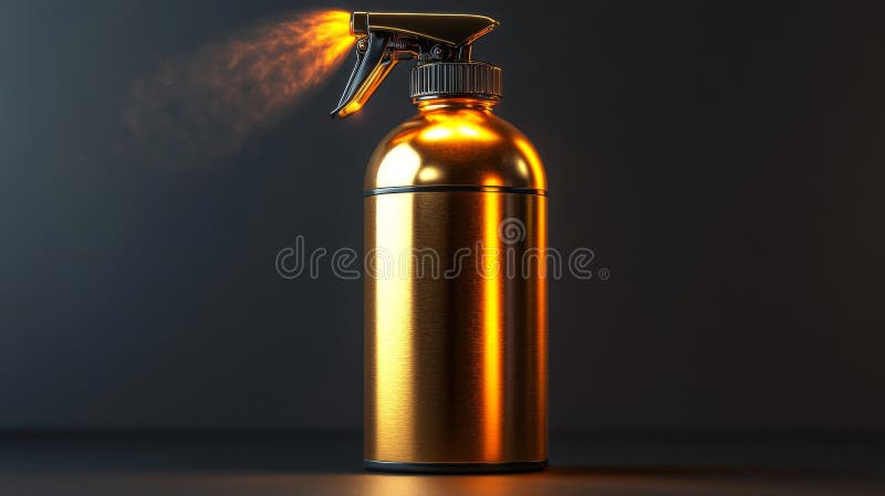 Golden Spray Bottle Dispensing Product Against Dark Background in ...