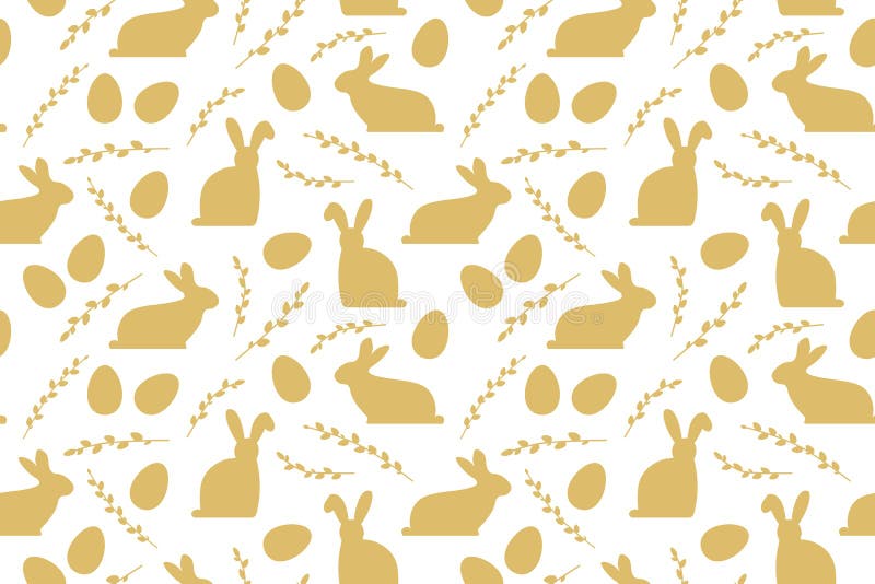 Golden Spring, Easter Seamless Pattern with Catkins Willow Branches, Eggs, Bunnies Icons Stock ...