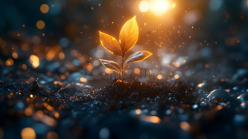 Golden Sprout in a Dark Background, 3D Illustration Stock Illustration ...