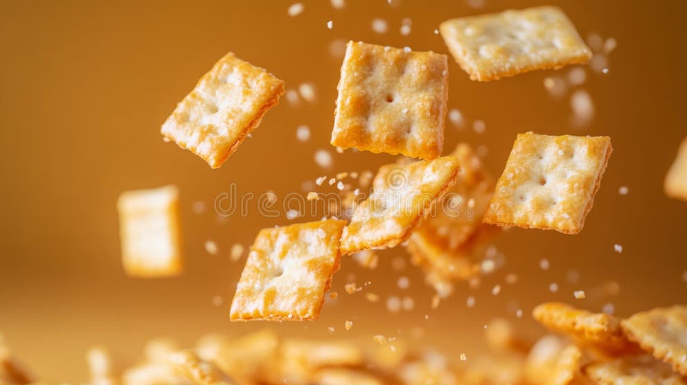 Golden Square Crackers Flying Against Brown Background Stock ...