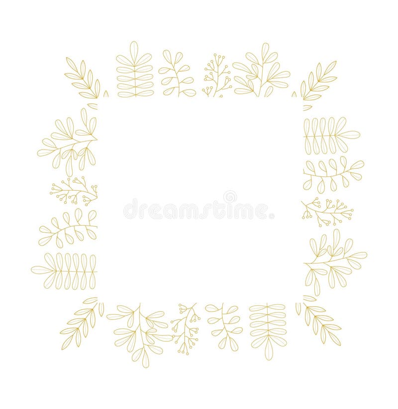 Golden Squared Botanical Frame Vector. Hand Drawn Golden Floral Borders ...