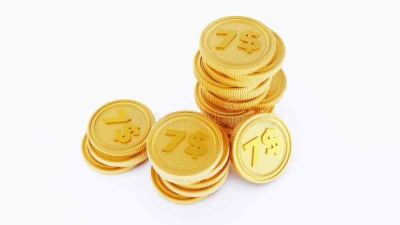Golden Stack Coins Isolated on a White Background. Seven Dollar Coins ...