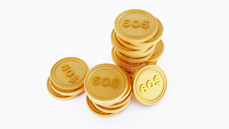 Golden Stack Coins Isolated on a White Background. Sixty Dollar Coins ... Golden Stack Coins Isolated on a White Background. Sixty Dollar Coins ...
