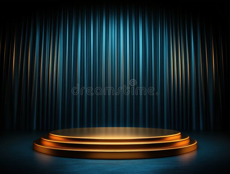 Golden Stage with Blue Curtains Background. Stock Illustration ...
