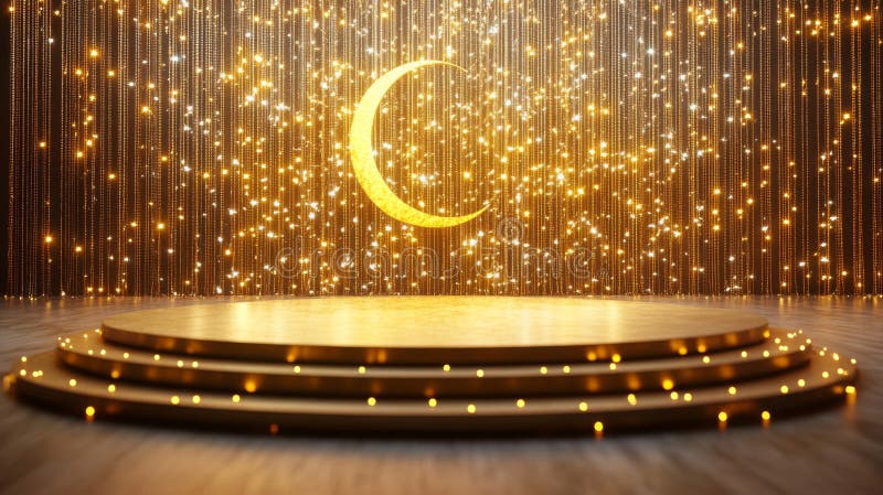 Golden Stage with Crescent Moon and Sparkling Lights Stock Illustration ...