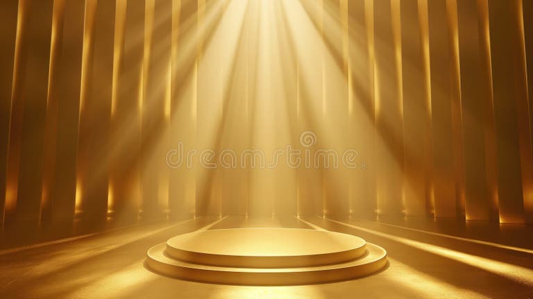 Golden Stage Glistens Under Spotlight. 3D Display Podium Golden Scene ...