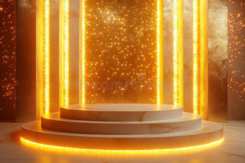 Golden Stage with Illuminated Marble Steps and Sparkling Background ...