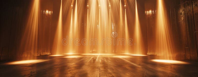 A Golden Stage Light Backdrop with Spotlights and Rays of Light Stock ...