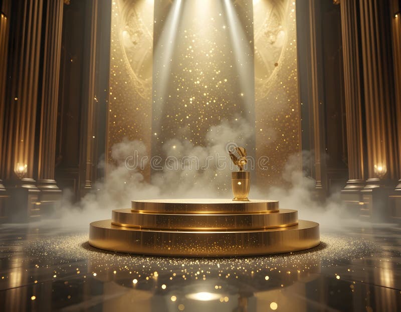 Golden Stage with Trophy Shines Under Spotlights in Luxurious Setting ...