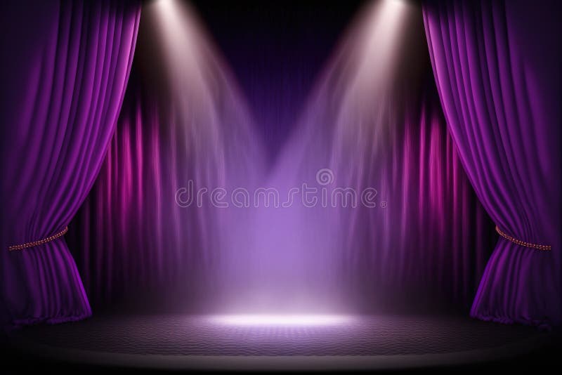 Golden Stage View with a Loop Light and Violet Curtains Stock ...