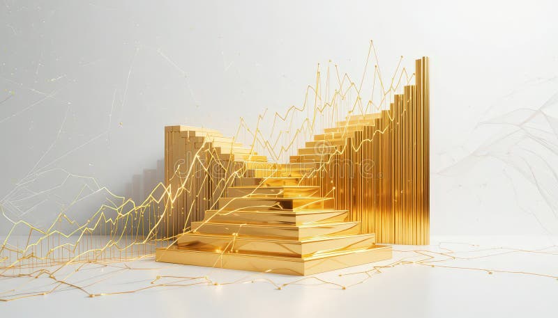 Golden Staircase Design with Fluctuating Data Lines Representing Growth ...