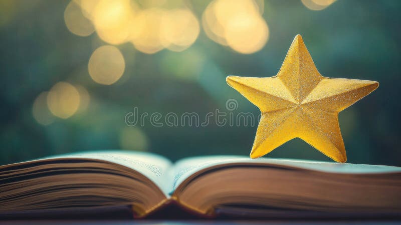Golden Star Above Open Book with Blurred Background Light Effects Stock ...