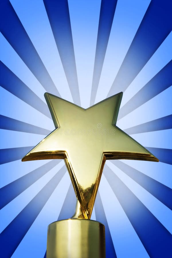 Golden Star Award on the Stand Against Bright Blue Background Stock ...