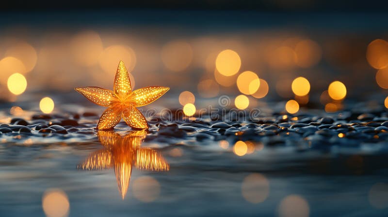 Golden Star on a Dark Beach, Reflected in Water Stock Photo - Image of ...