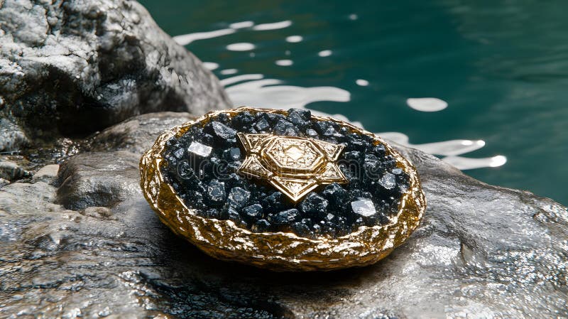 Golden Star Embedded in Black Crystal, 3D Render Stock Illustration ...