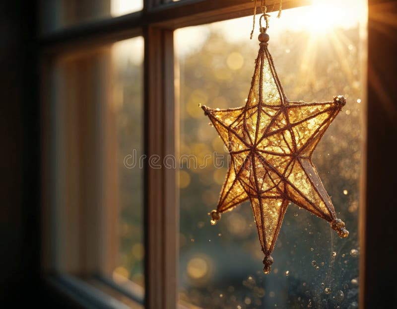 A Golden Star Hanging from a Window with Sunlight Shining in through ...