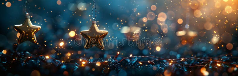 Golden Star String Lights on Blue Background with Bokeh Stock Photo ...