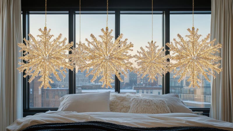 Golden Starburst Window Lights in Cozy Bedroom Interior Stock Photo ...