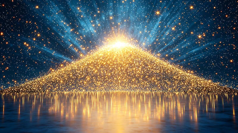 Golden Stardust Explosion on Dark Reflective Surface Stock Illustration ...