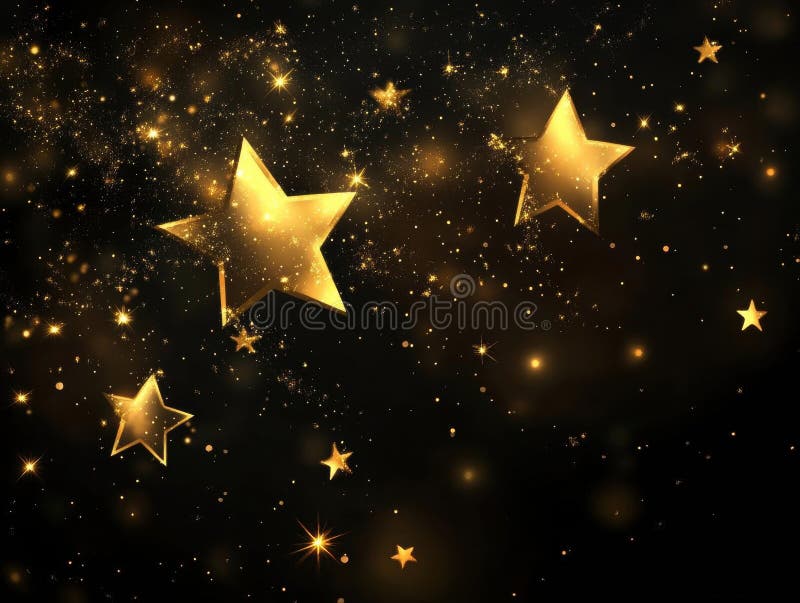 Golden Stars on Black Background with Glitter Stock Illustration ...