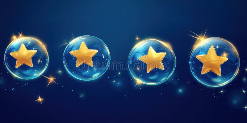 Golden Stars in Glowing Bubbles on Blue Background for Game Design and ...