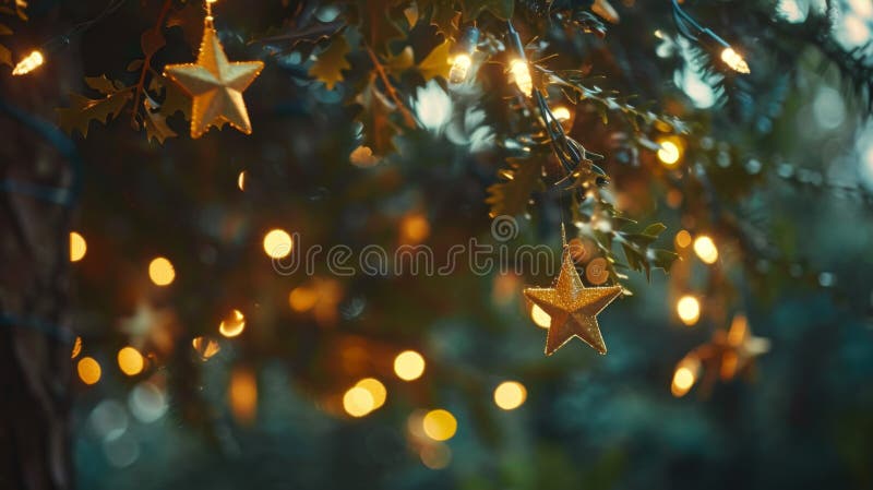 Golden Stars and String Lights Hanging on Tree Branches Stock ...