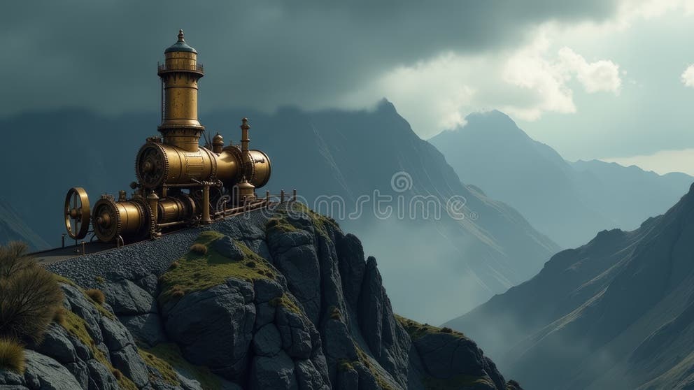 Golden Steam Engine on Mountaintop Stock Illustration - Illustration of ...