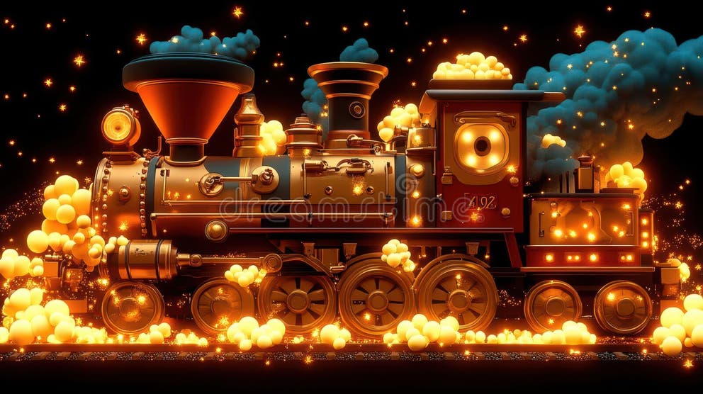 Golden Steam Engine, Night Journey Stock Illustration - Illustration of ...