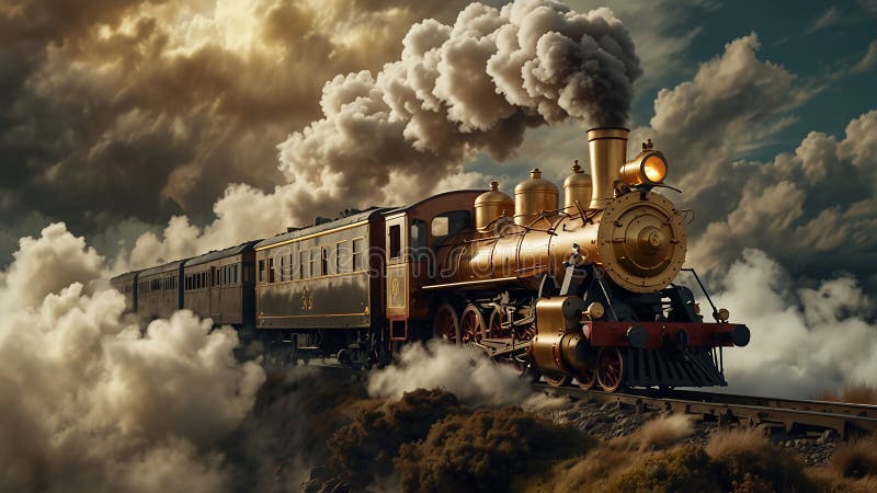A Golden Steam Engine Train with Billowing Smoke is Seen Against the ...