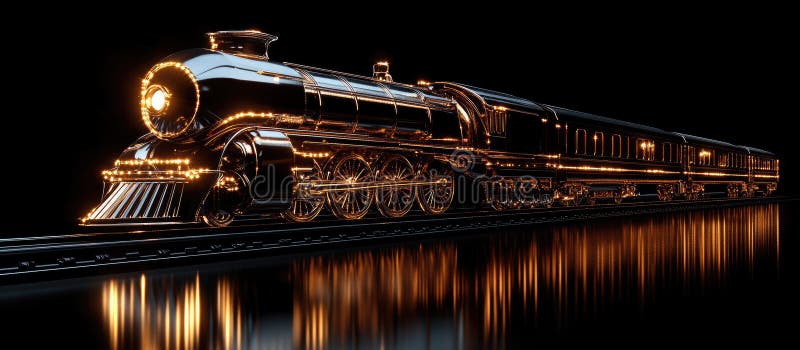 Golden Steam Locomotive Train on Tracks with Reflection Stock ...